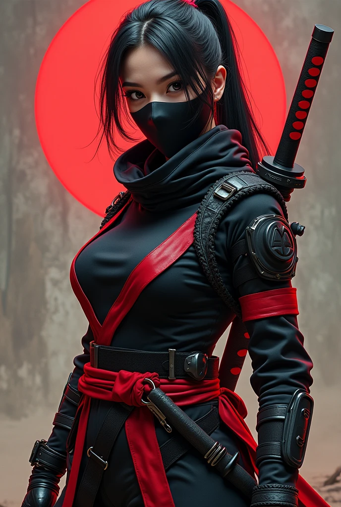 A woman dressed in a stylized ninja outfit, predominantly black with ...