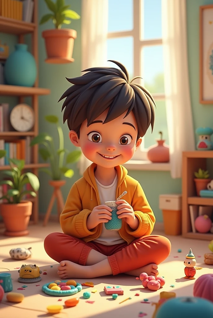 A boy sits happily doing DIY in a playroom. - SeaArt AI