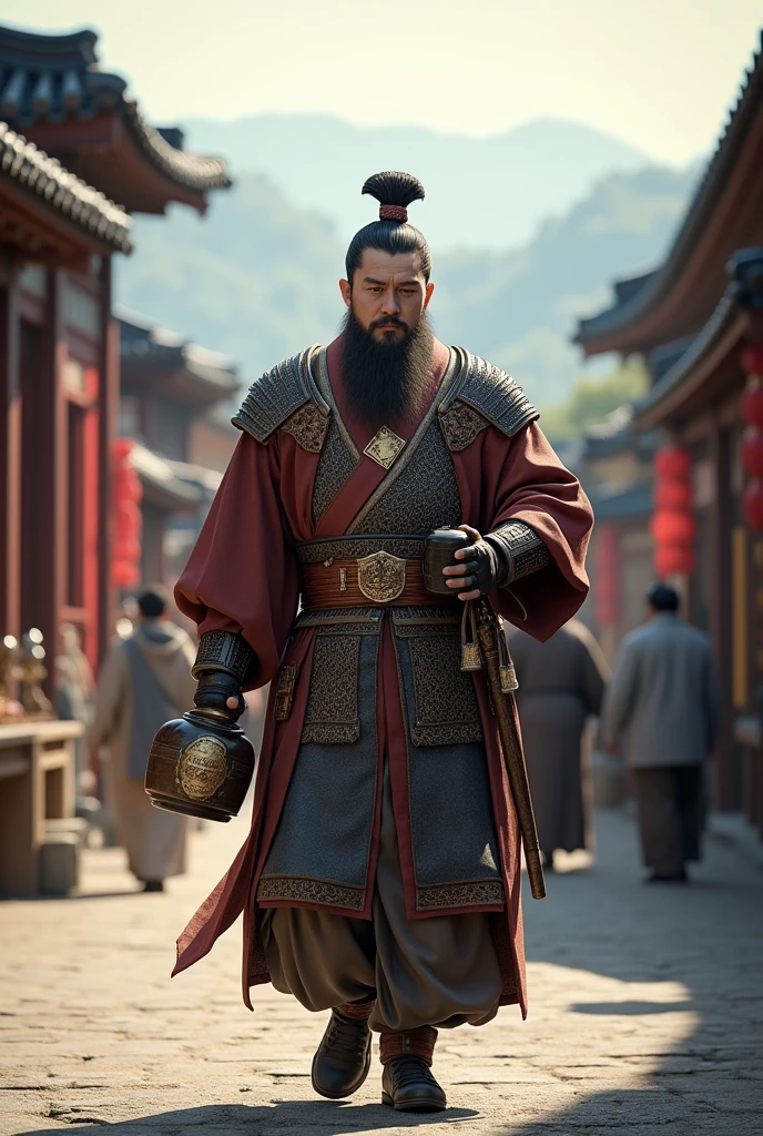 A Joseon era general wandering through the streets of a city with a jar ...