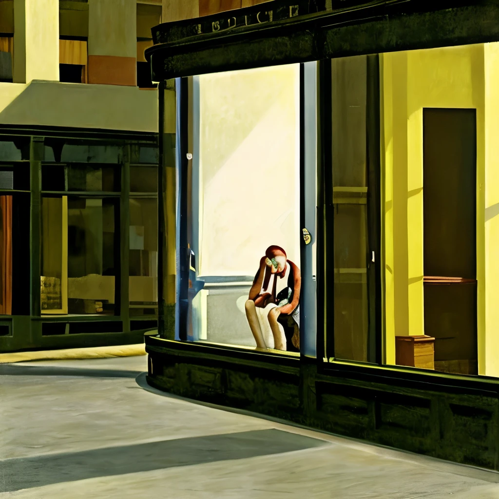Painting of a woman sitting in a window of a building - SeaArt AI