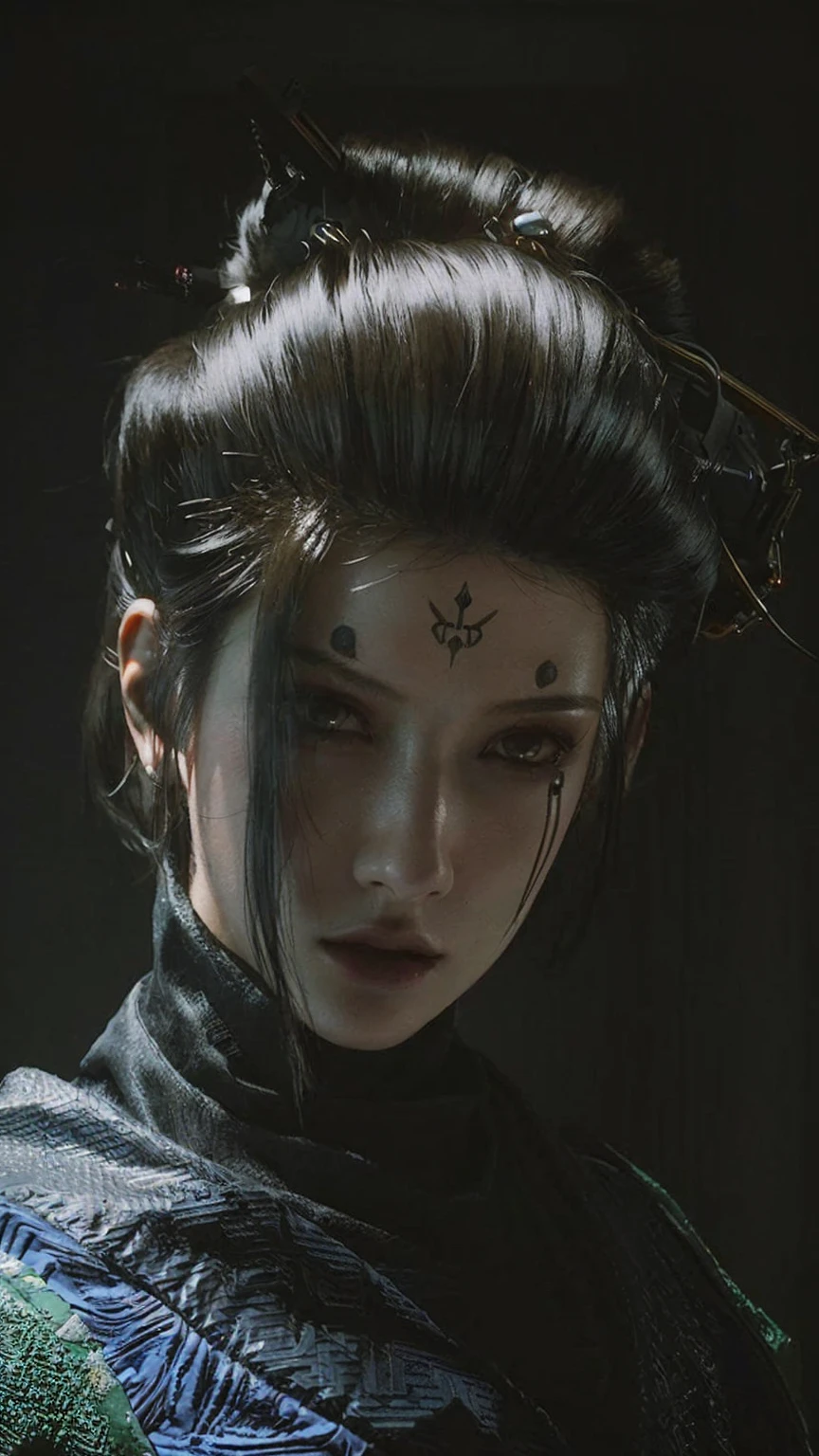 There is a delicate features，Black-haired woman with sad eyes - SeaArt AI