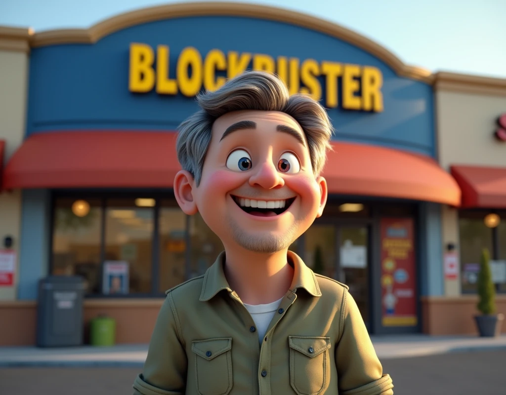 Happy owner in front of blockbuster dvd rental store - SeaArt AI