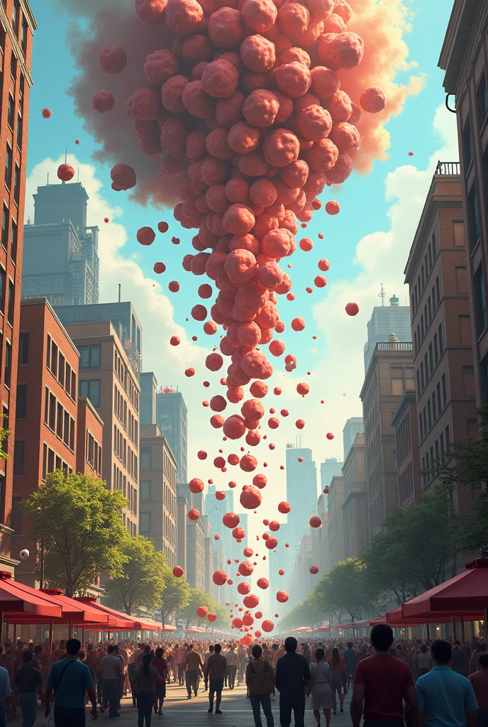 Rain of meatballs falling on a city in the foreground and background ...