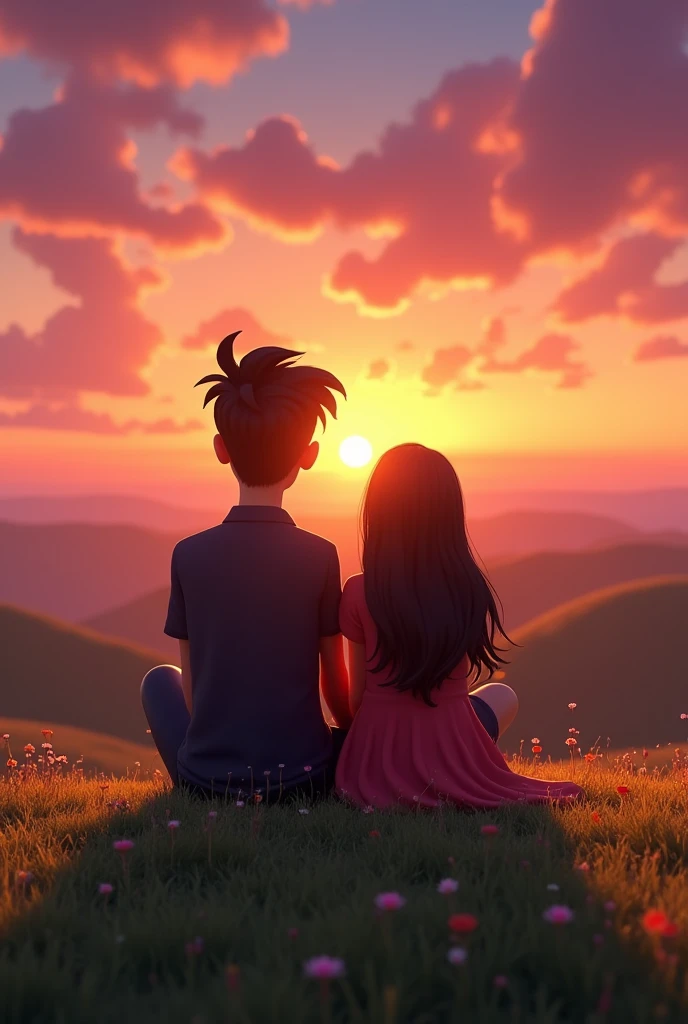 In cenamatic 3d cartoon style ""An evening scene where Muskan and Aryan ...