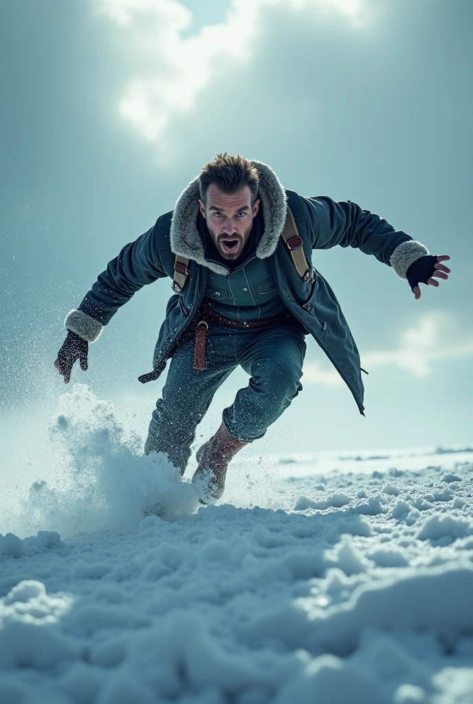 A man slipping on ice, photorealistic, cinematic lighting, snow and ice ...