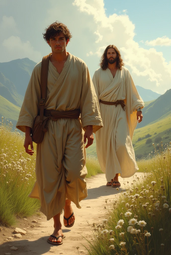 A young man walking and Jesus behind him following him - SeaArt AI