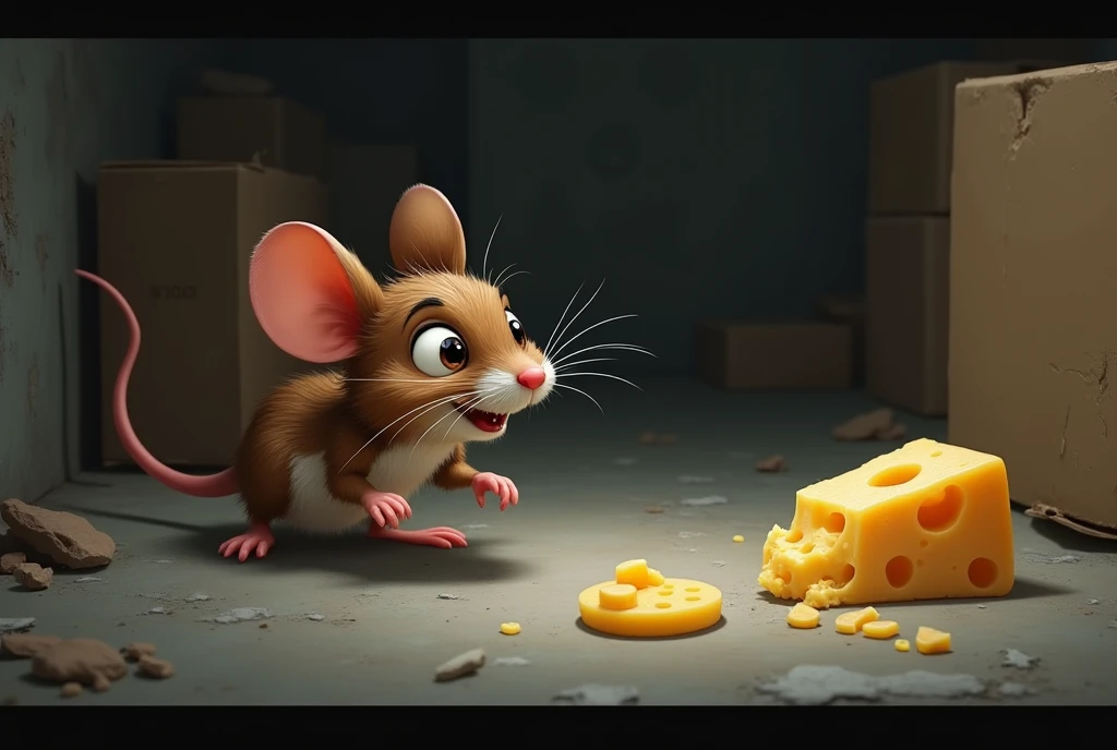 Ratón realista en el sótano con queso - SeaArt AI