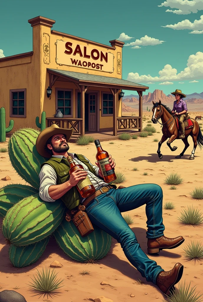 Hyperrealistic color comic 1950s look a drunk cowboy next to a saloon ...