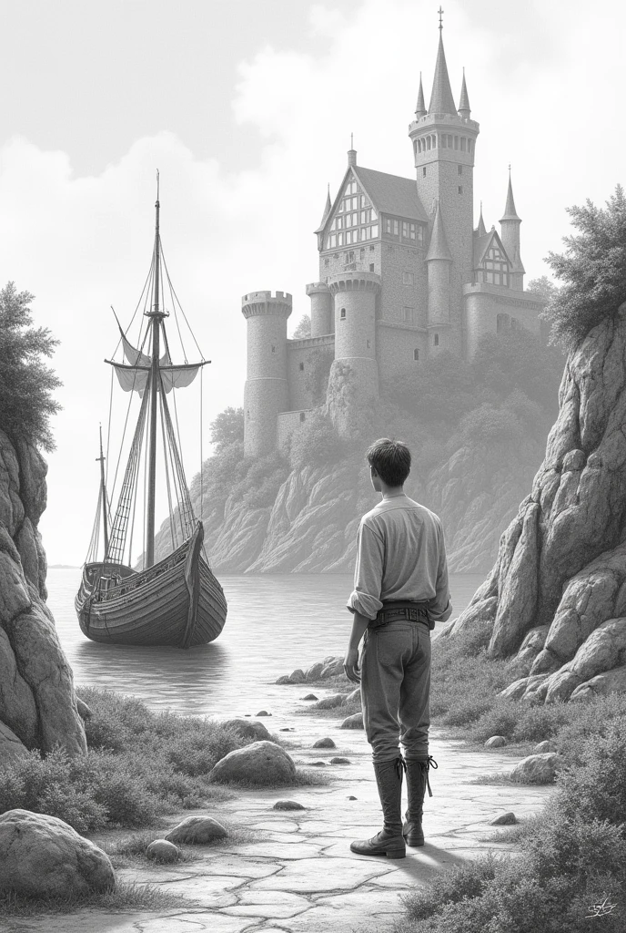 Create an art with an island a medieval boat a castle and a 22 year old ...