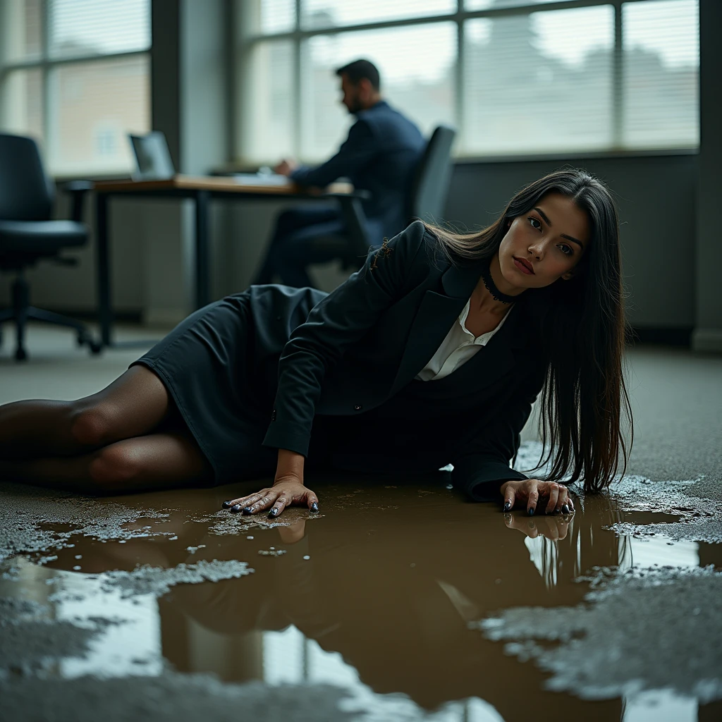 A dramatic and intense photograph taken in a dimly lit office setting ...