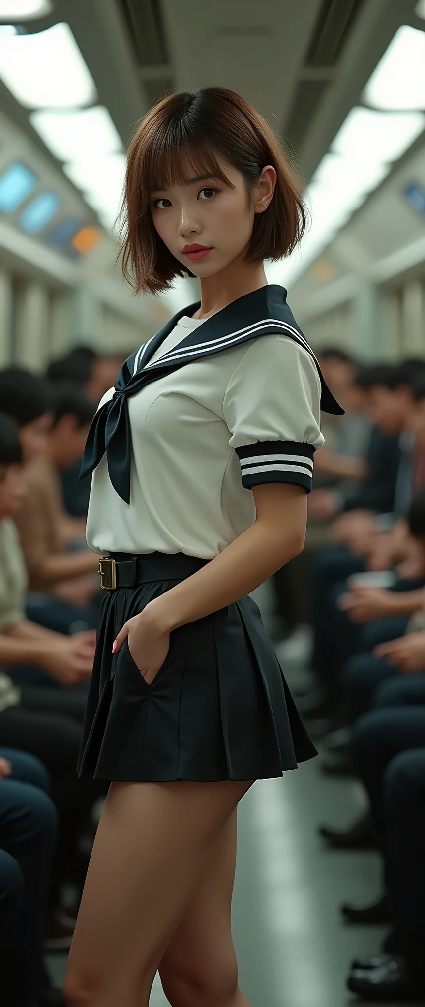 Arafed asian woman in a short skirt and sailor outfit on a train - SeaArt AI