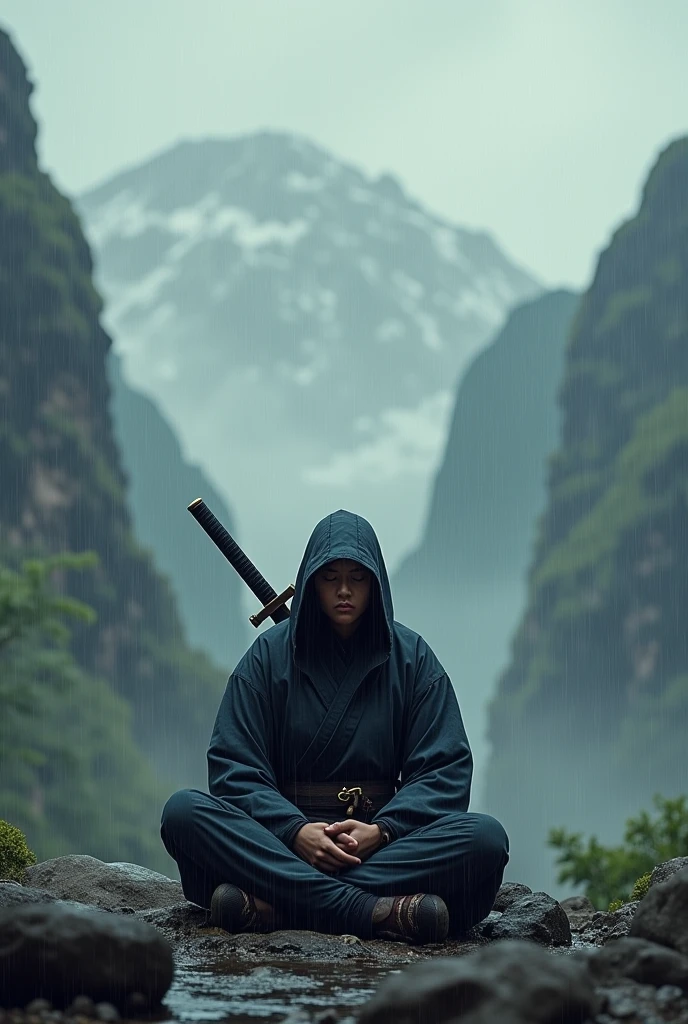 Ninja from Japan with katana on his back from the front meditating in ...