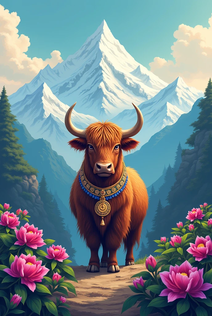 Laynard for nepal theme containing rhododendron, yak, temples - SeaArt AI