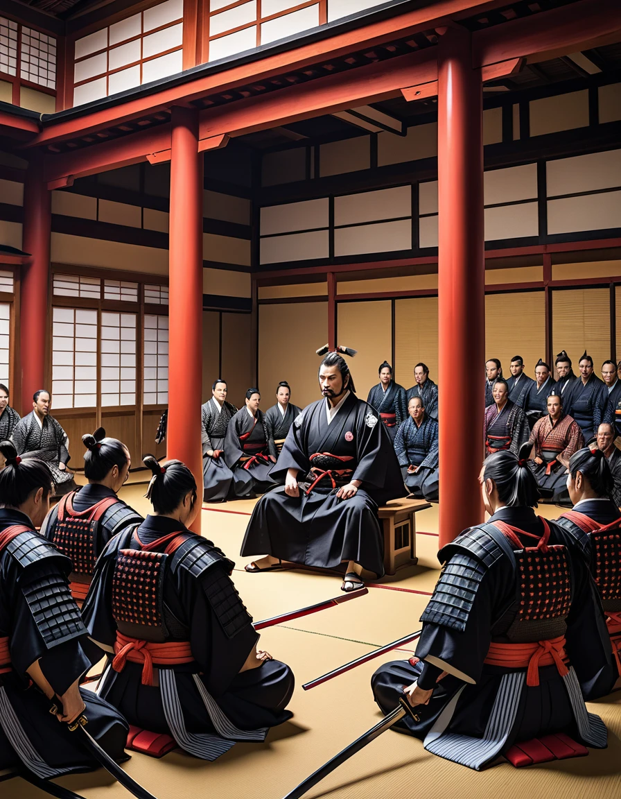 A powerful Japanese samurai sitting in judgment, surrounded by his ...