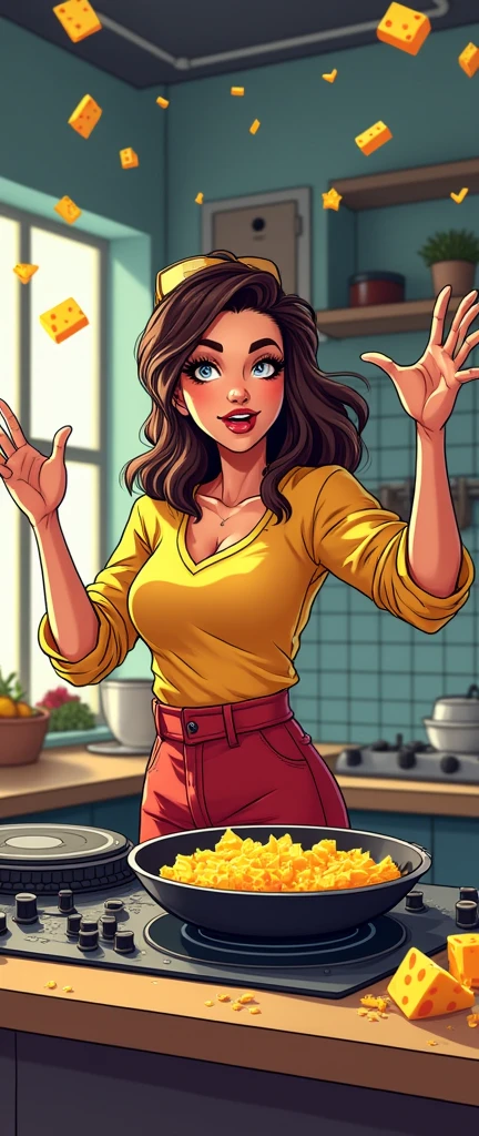 Chief female DJ DJing frying pan on stove cooking cheese rap gestures ...