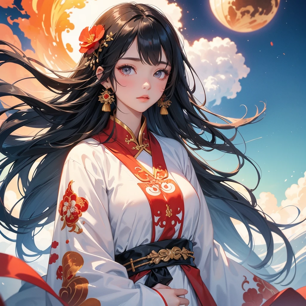 A beautiful girl with black long hair, wear white ancient chinese ...