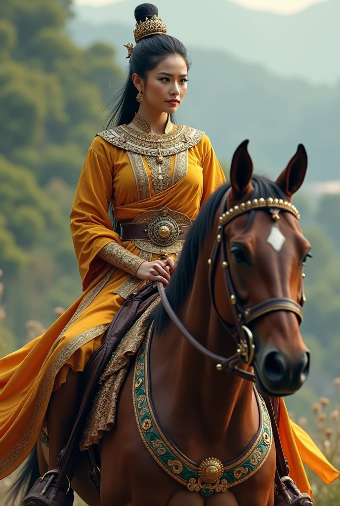 A royal burmese warrior Queen riding royal horse.She dressing like a ...