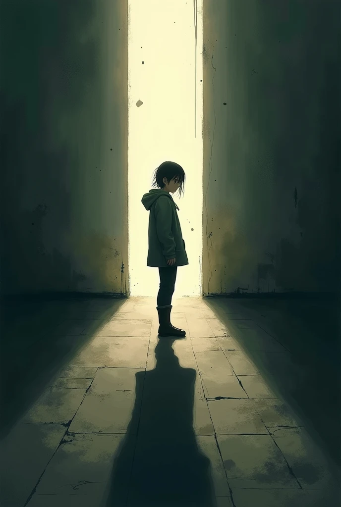 An isolated figure stands alone in a dimly lit room, their shadow ...