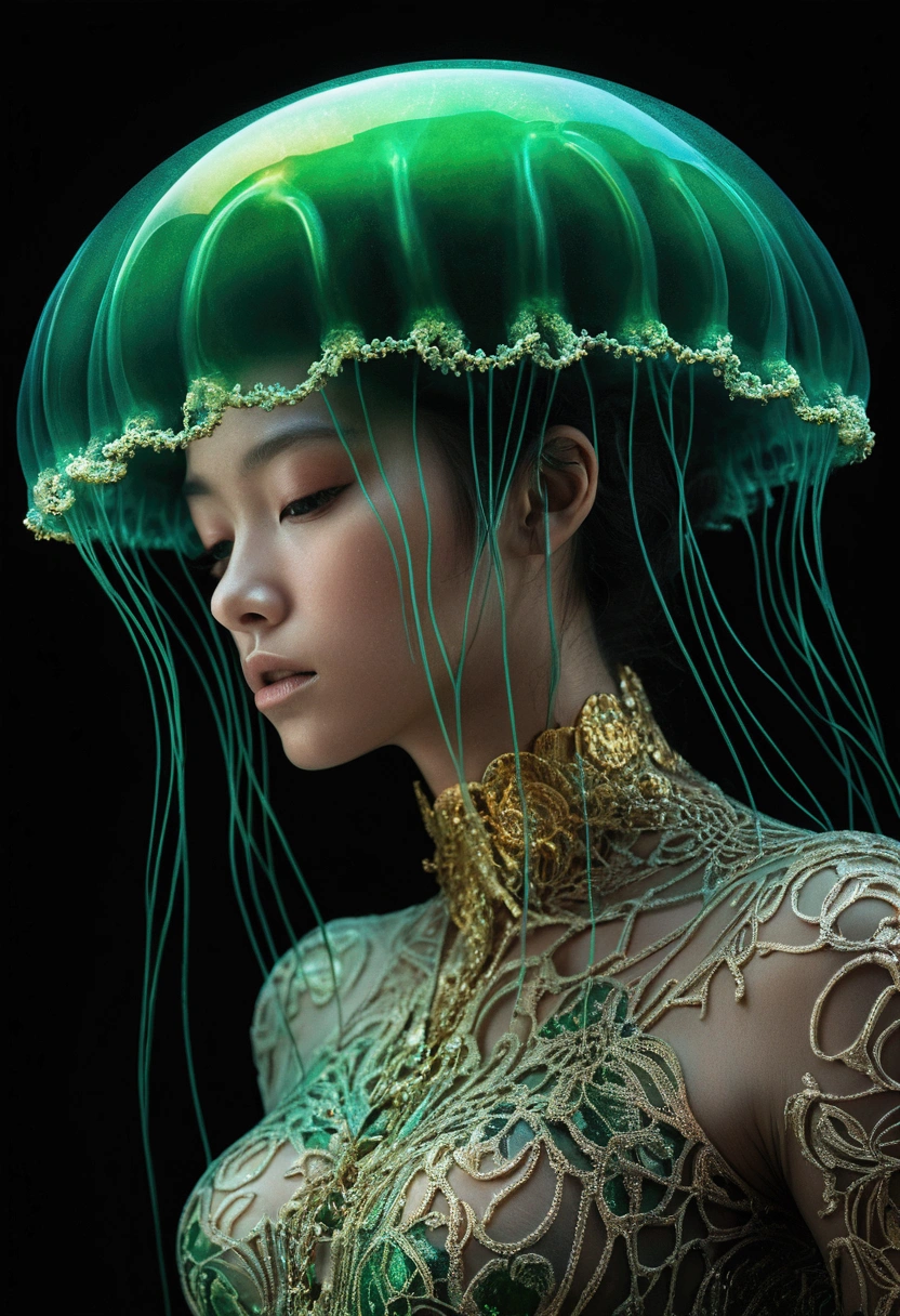Photo RAW, (Black and green : Portrait of a ghostly jellyfish - SeaArt AI