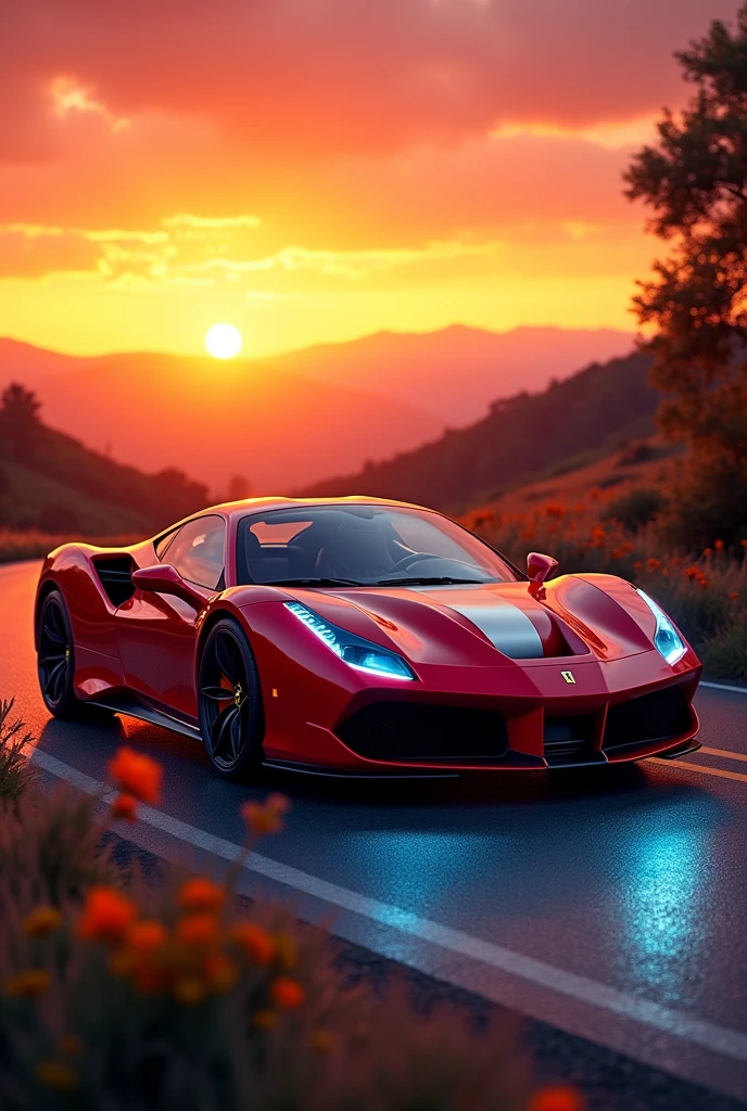 Farari car standing on road in sunset with RGB light ultra realistic ...