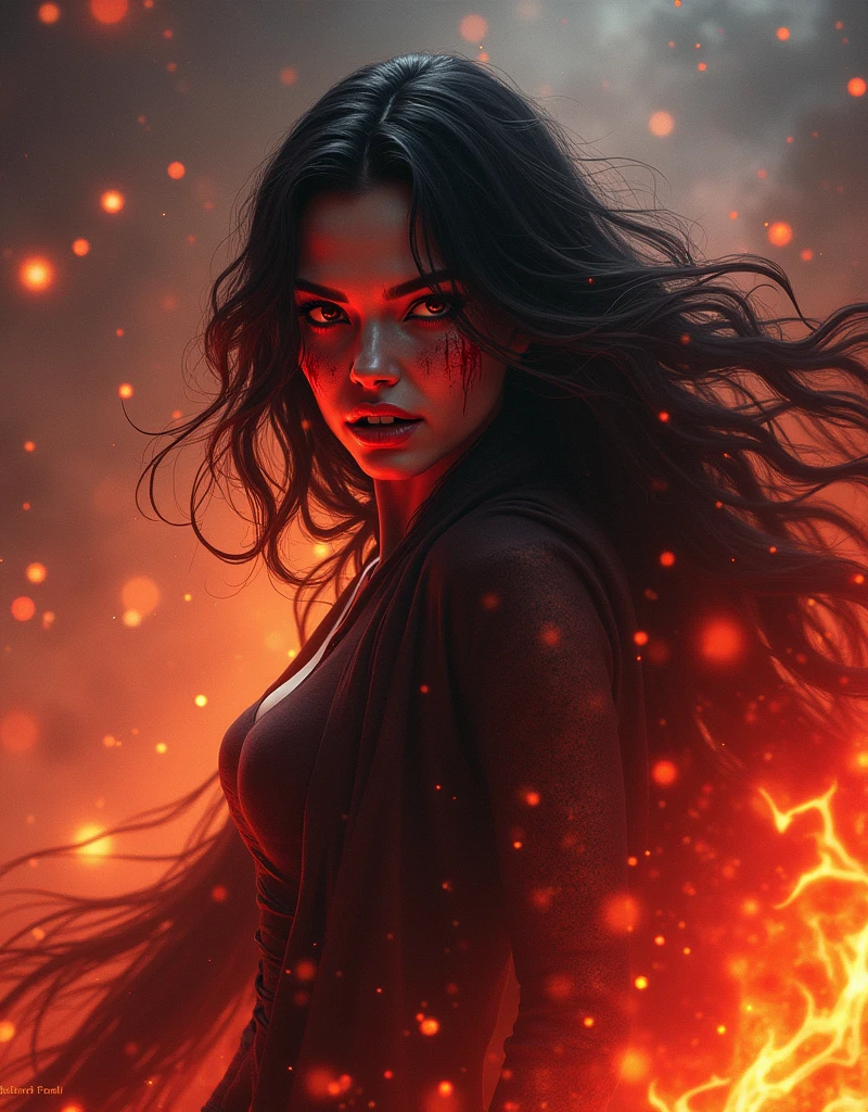 1girl, flying hair, red eyes, fire witch, blood on face, light ...