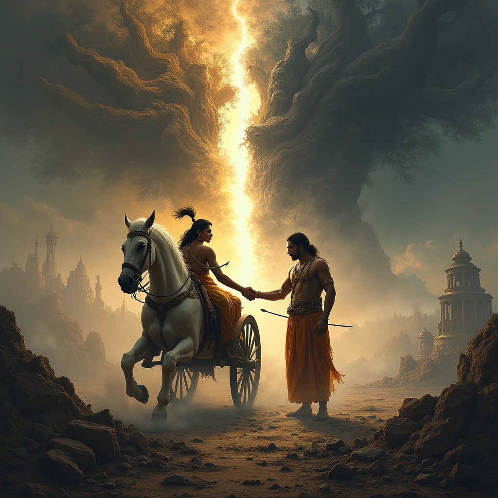 Depict Arjuna in his chariot, his face etched with deep concern and ...