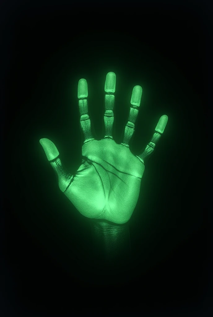 Black background。Draw a handprint with light green fluorescent paint ...