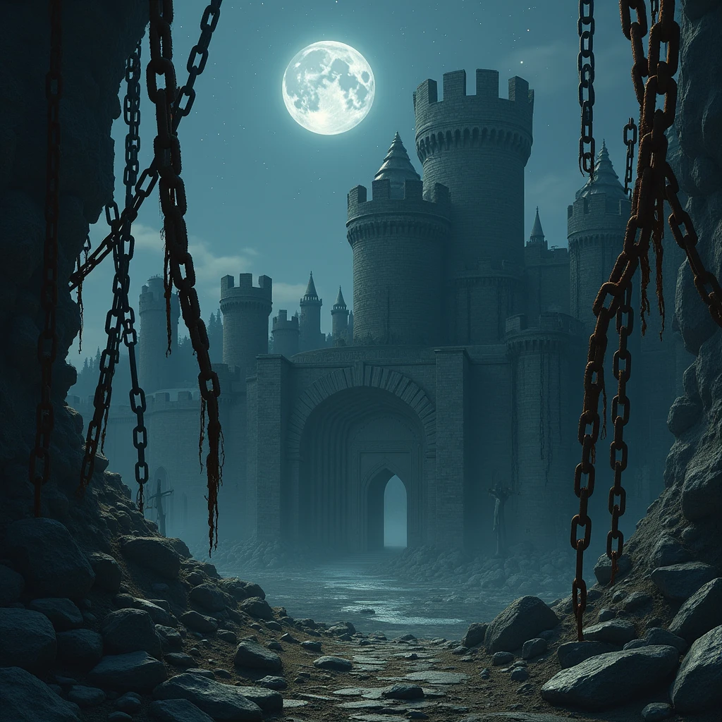 (The ruins of a stone castle covered in rusty ancient chains - SeaArt AI
