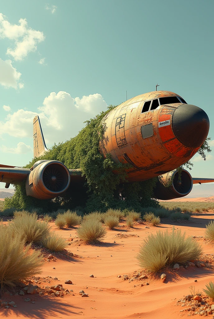 Rusty Aeroflot plane covered in vines in the desert - SeaArt AI