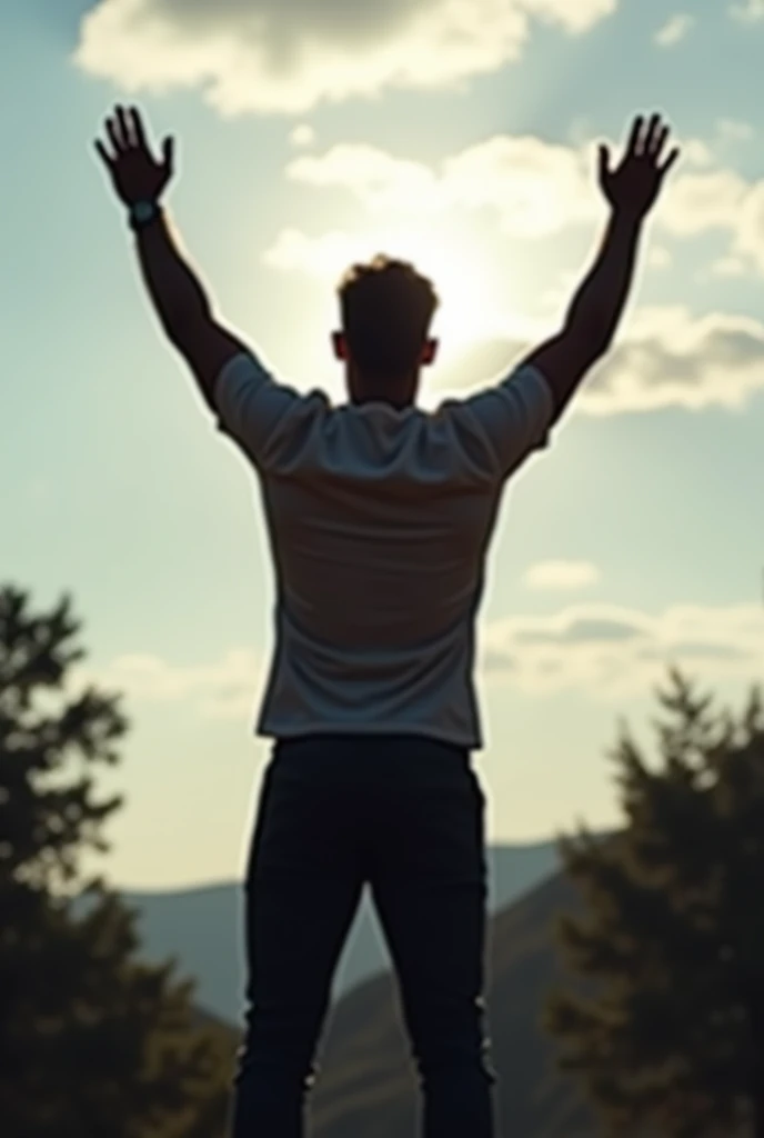 A man raising two hands up picture clicked from back side - SeaArt AI