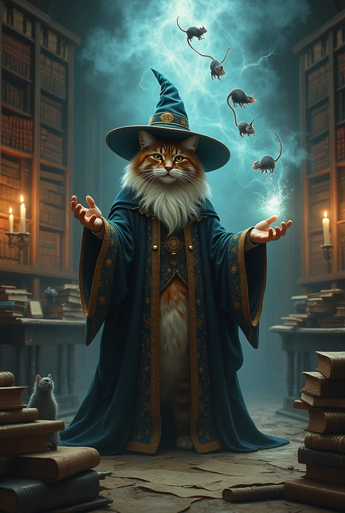 Create a realistic image of a wizard cat summoning mice with a spell ...