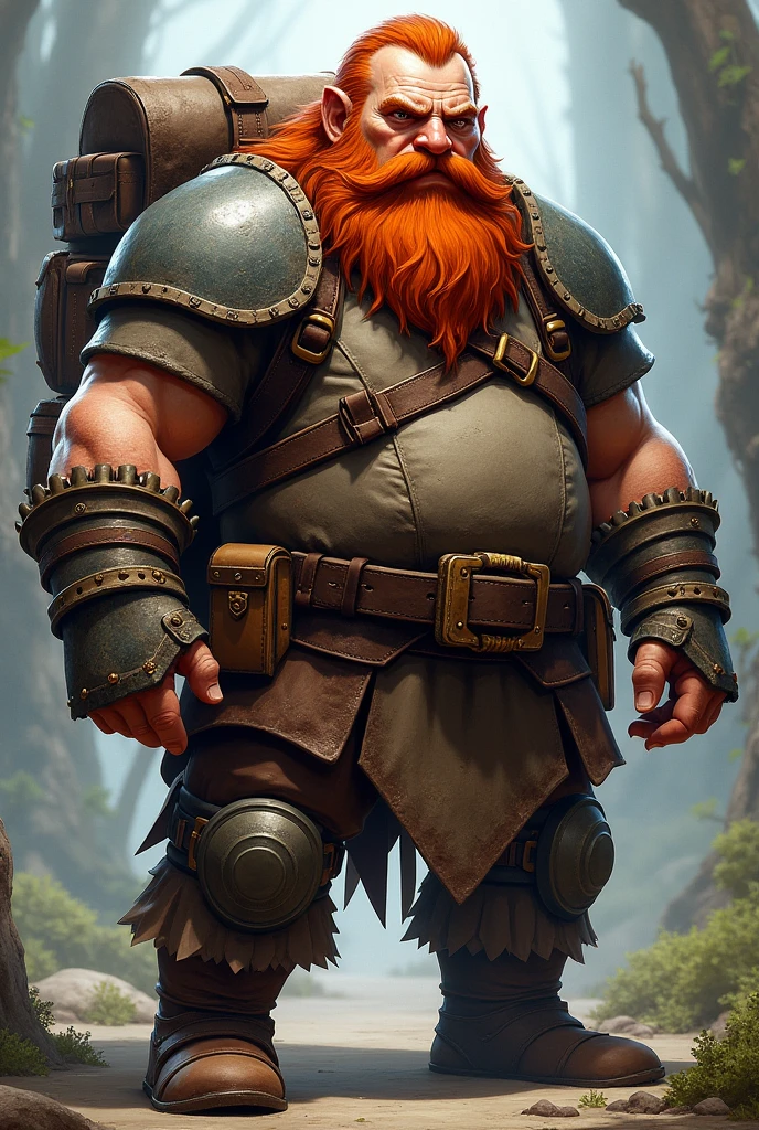 Red-haired RPG dwarf with gray highlights, he carries a large backpack ...