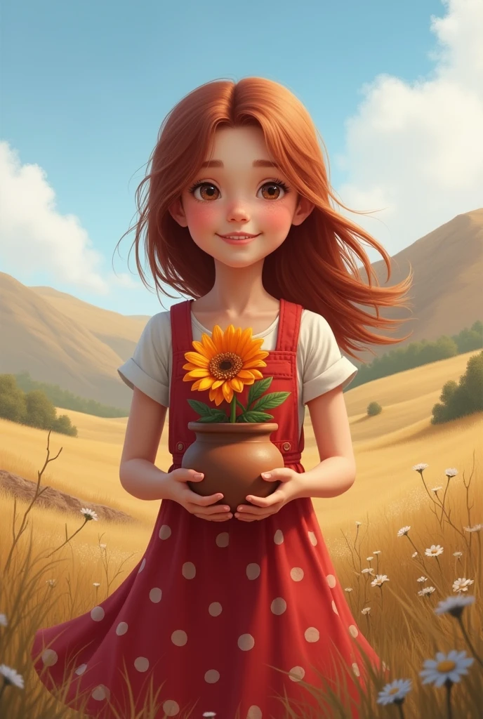 Create Realistic image of a benign girl, red dress with white polka ...