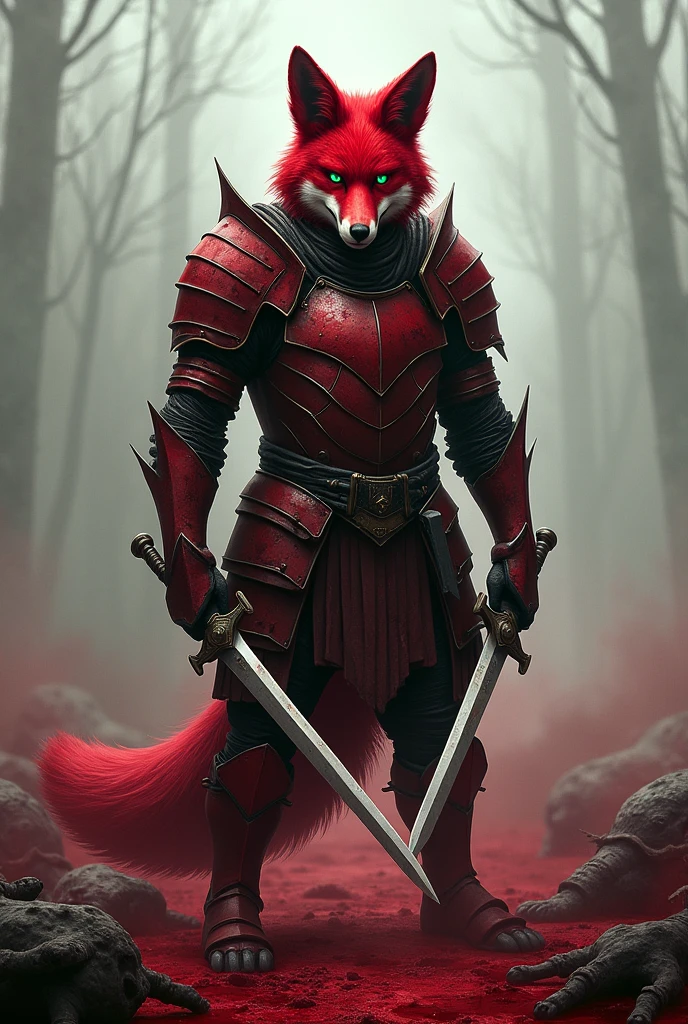 A red fox in armor, covered in blood, with green eyes stands on a field ...