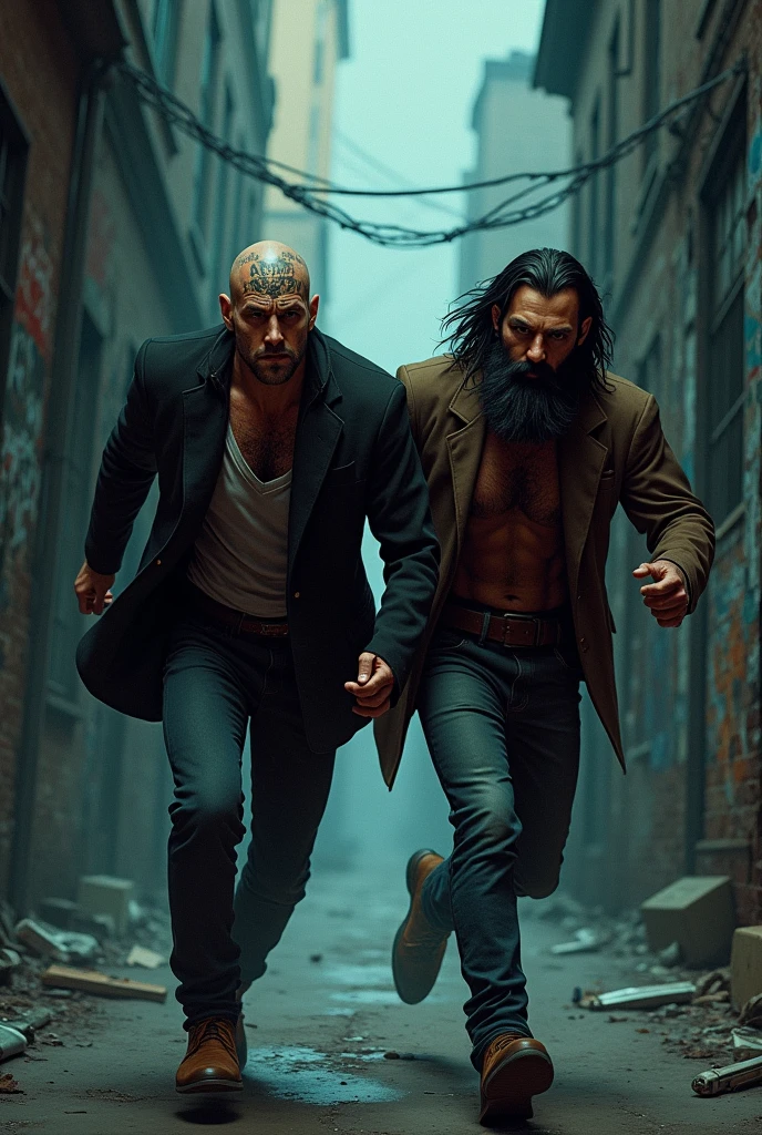 Two thief friends, escaping from the police, One bald with tattoos and ...