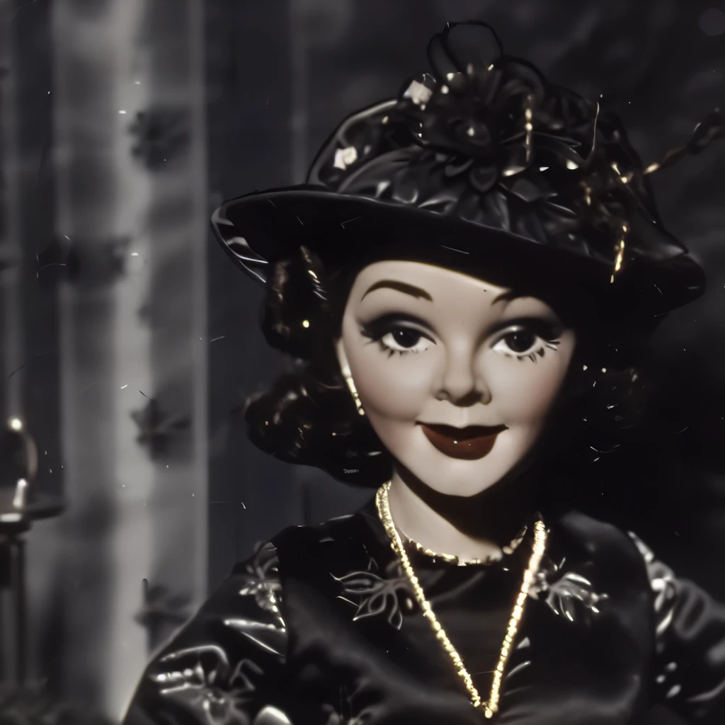A close up of a doll with a hat and necklace - SeaArt AI