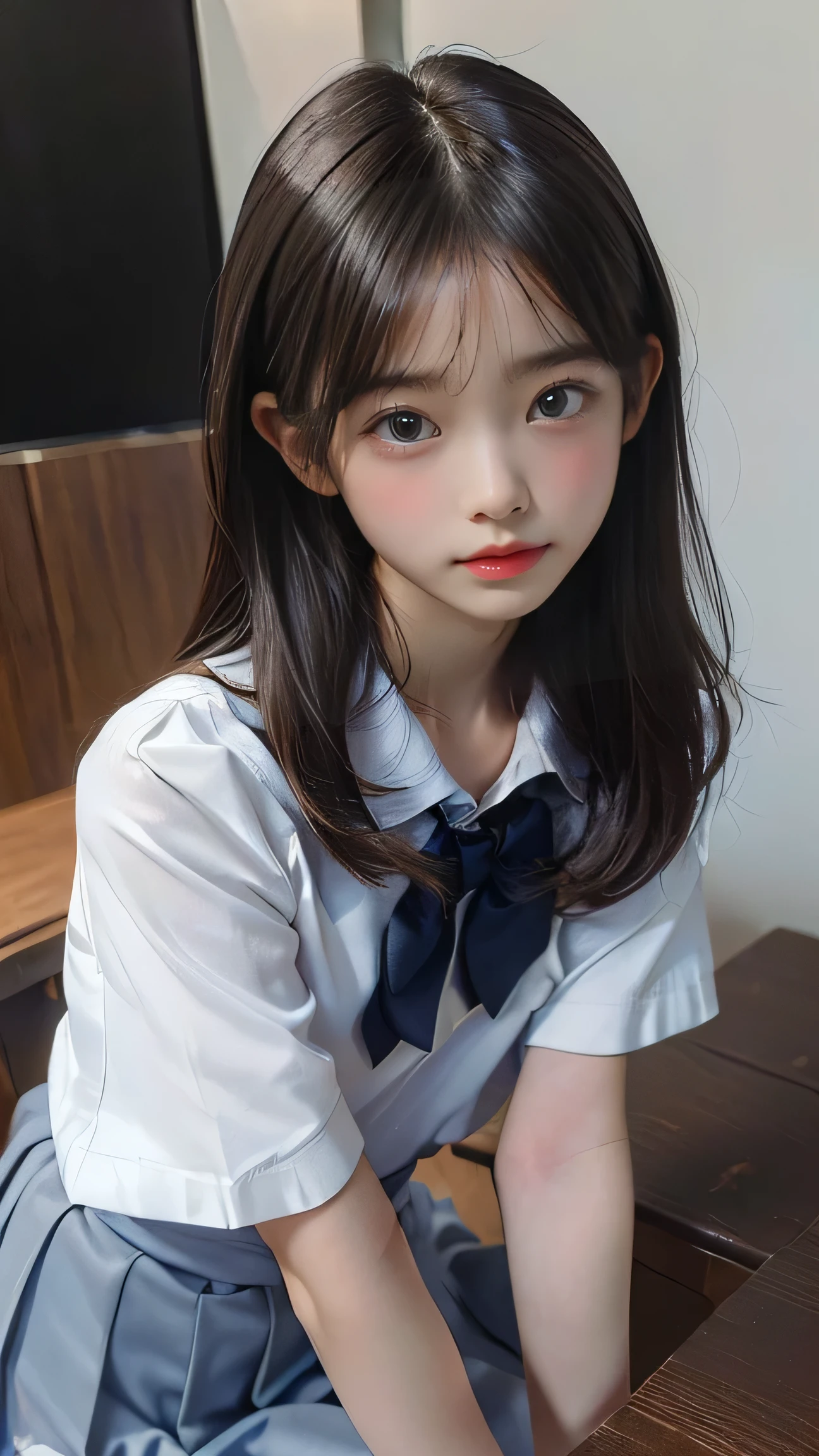 A close up of a young woman sitting on a table - SeaArt AI