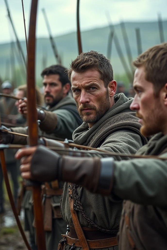 A group of English soldiers with bows and arrows, at the Battle of ...