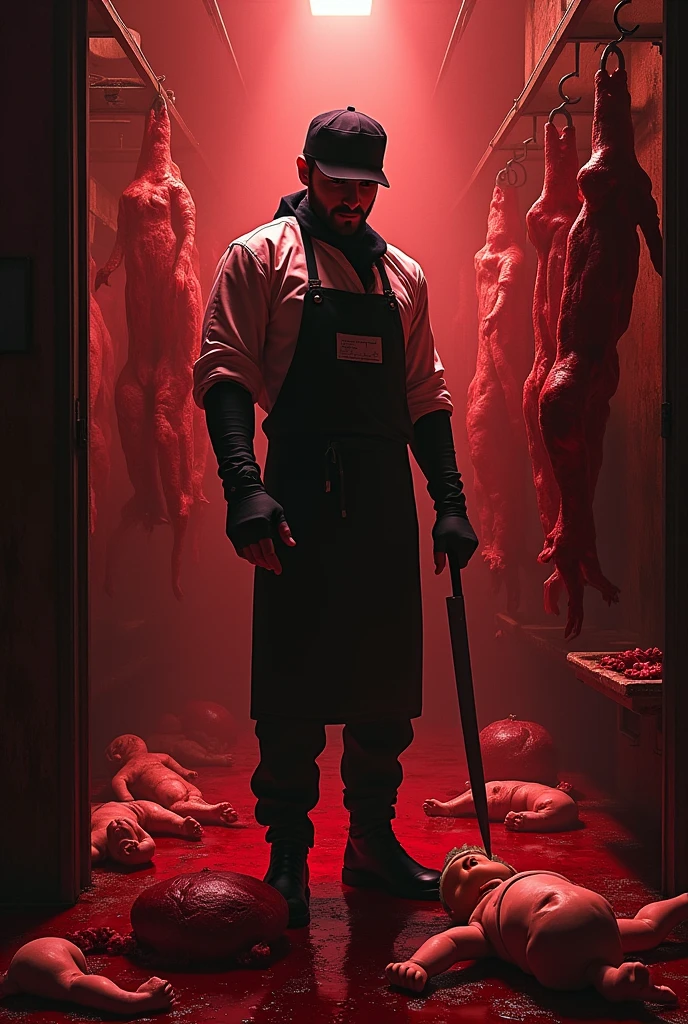 Black haired chef in a butcher shop，wearing a hat、Wrap a towel around ...