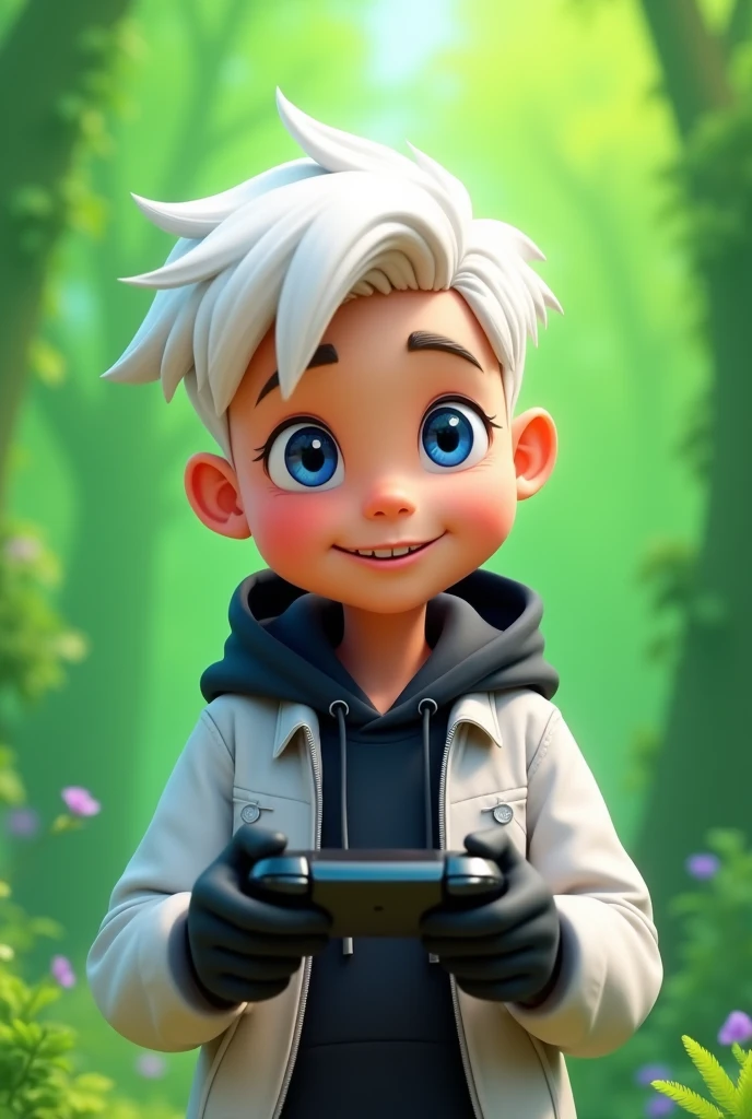 As a young boy with a green background, white hair, animated like a ...
