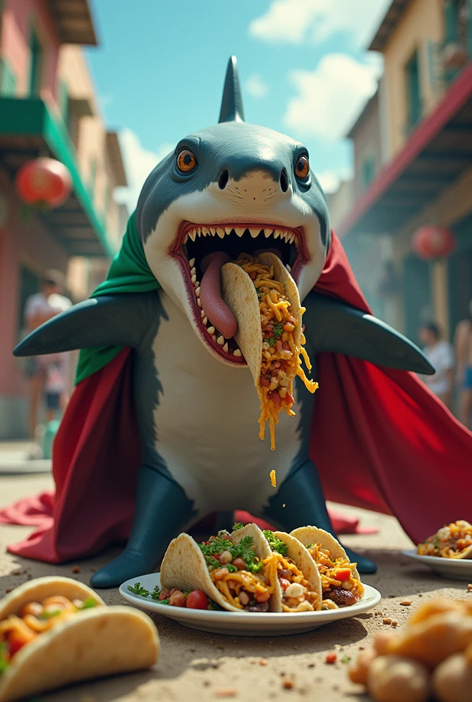A shark eating tacos and the Mexican flag as a cape - SeaArt AI