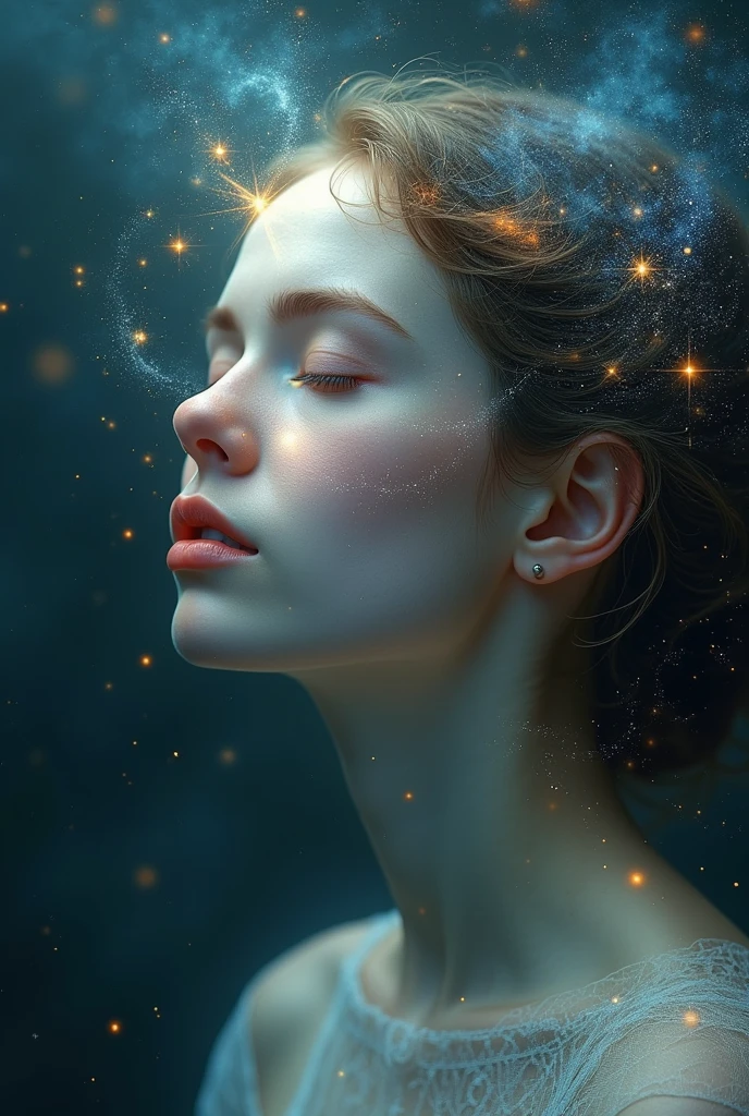 Make an image of a girl face radiating cosmos stars and bright light ...