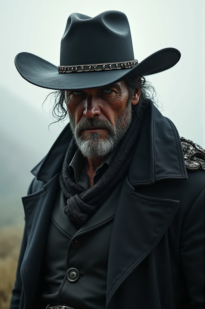 Black, grey, silver, and white. Menacing cowboy with a piercing ...