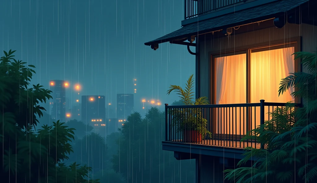 Animation on a rainy nigt,the balcony becomes a haven of peace - SeaArt AI