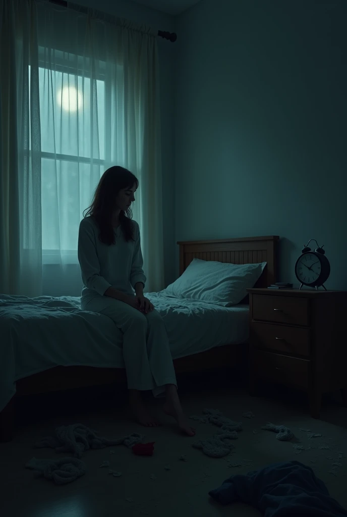 A lonely woman sits on the edge of a bed in a dark room, illuminated by ...