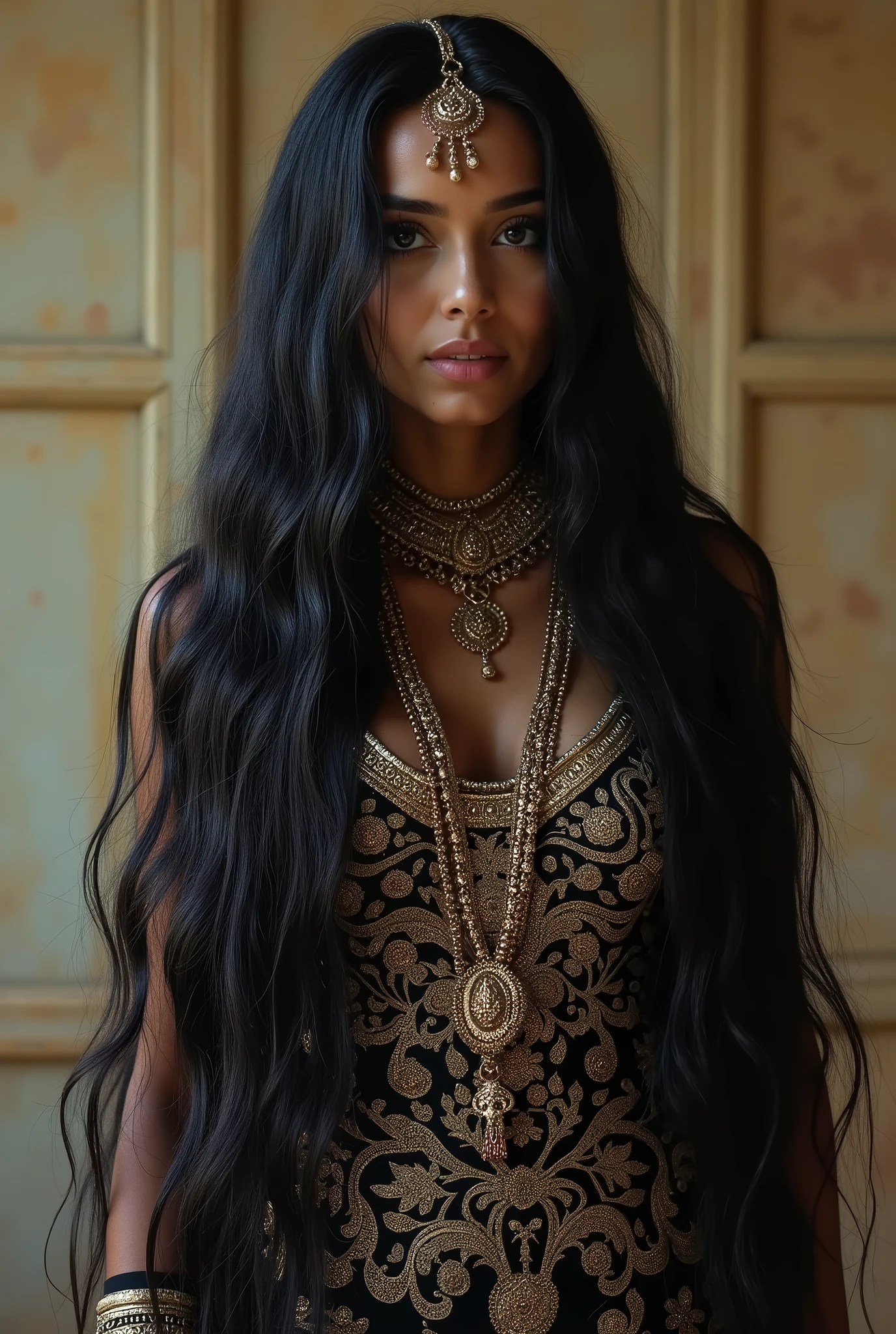 Arafed woman with long black hair wearing a gold and black dress ...