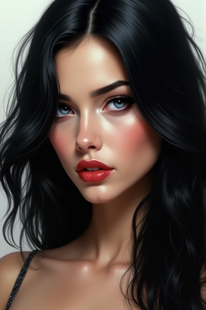 A beautiful woman, with black hair, slanted blue eyes, pompous lips ...