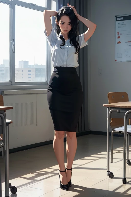 1 female, long black hair, wearing short sleeve white shirt, black pencil skirt - SeaArt AI