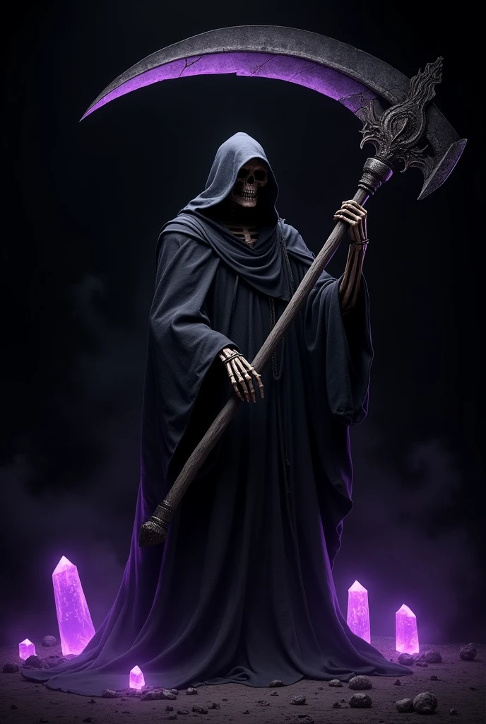 Dark hooded robe, bony hands holding a large scythe, black background ...