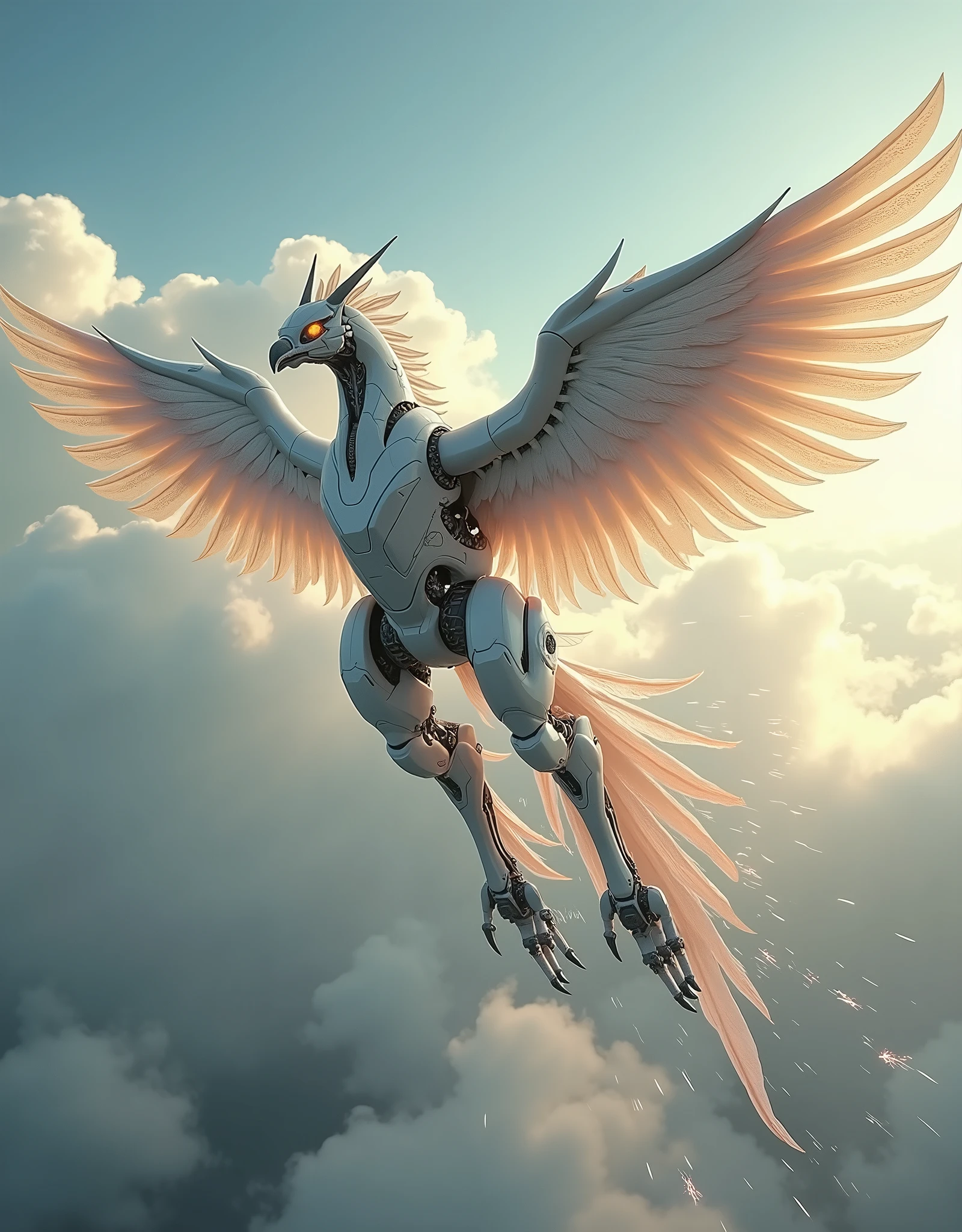 A mecha phoenix made from white metal, soaring on the sky in high speed - SeaArt AI
